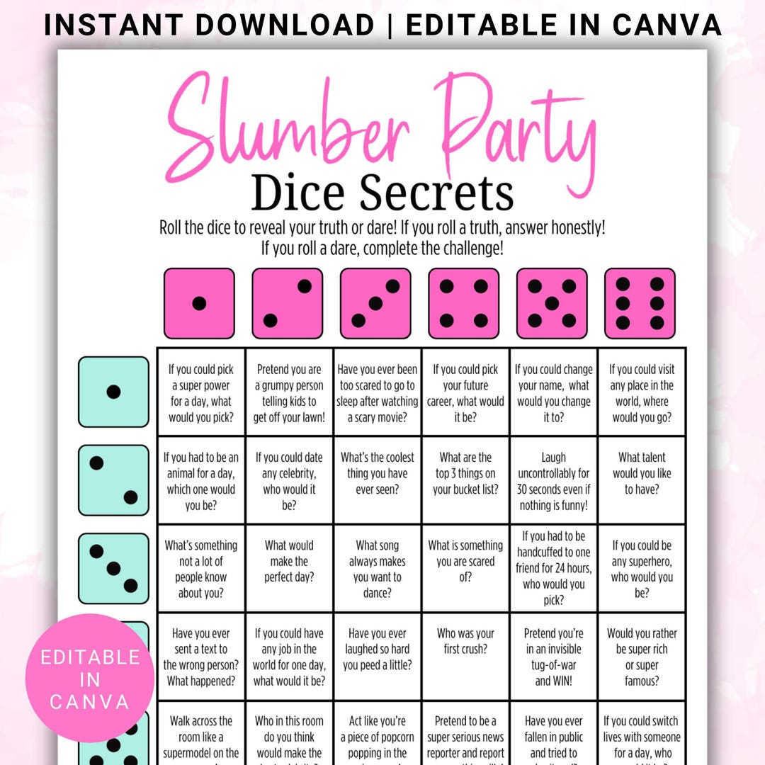 Fun Printable Editable Slumber Party Dice Truth or Dare | Girl Teen or ...