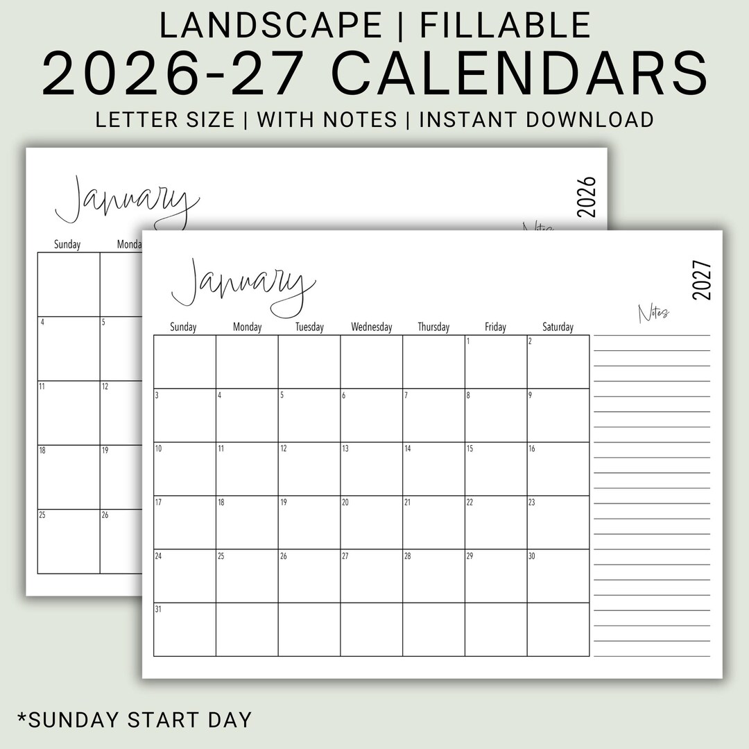 Calendario imprimible y editable 2026-27 con notas / Formato horizontal ...
