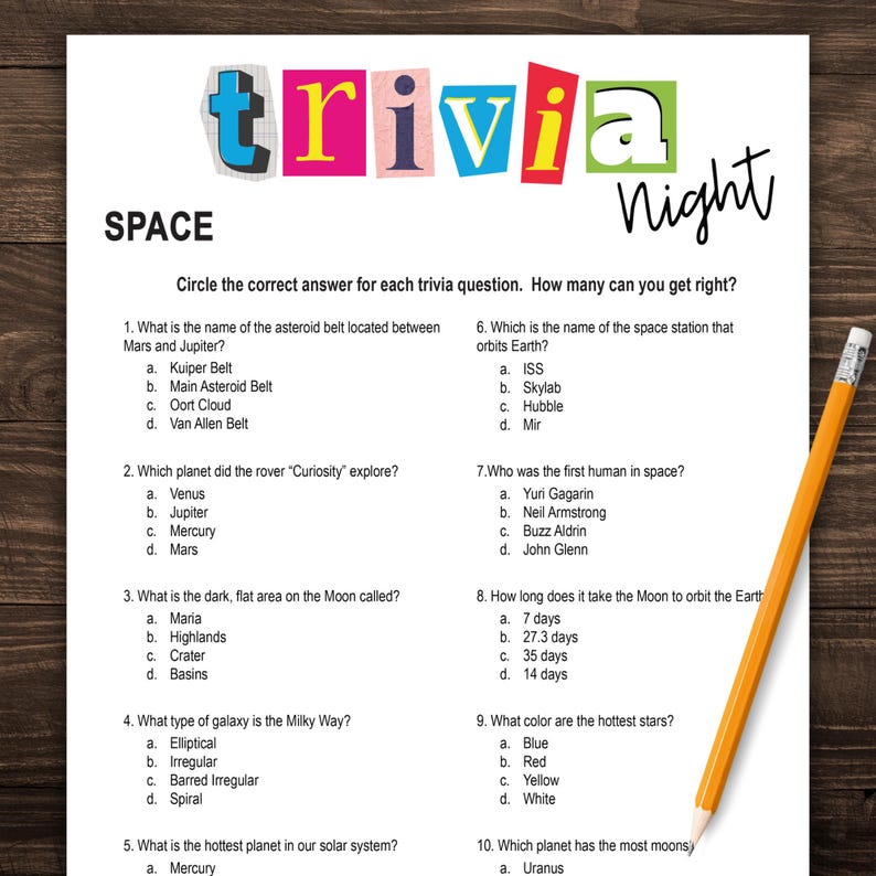 Printable Space Trivia Game | Pub Trivia Game Night | Team Building ...