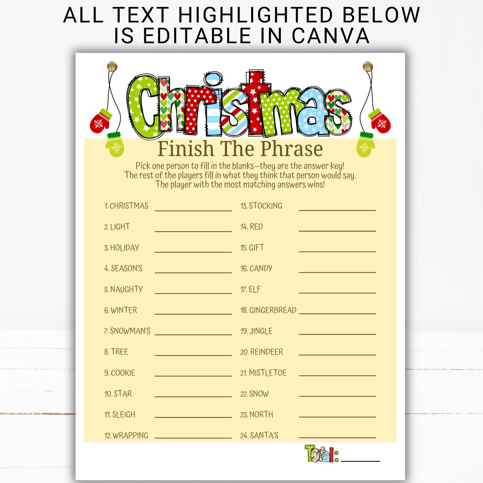 Finish the Phrase Christmas Game Printable | Editable Holiday Party ...