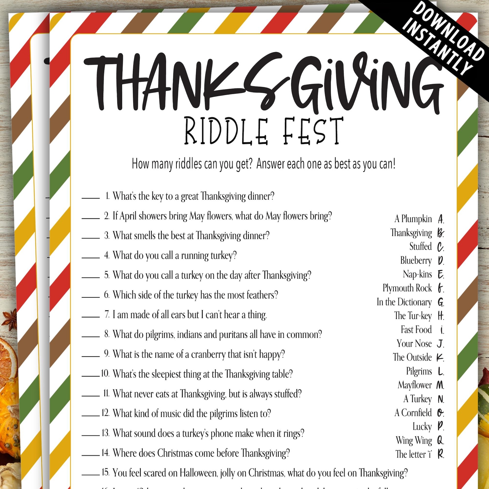 Thanksgiving Riddles Printable Game With Border | Thanksgiving ...