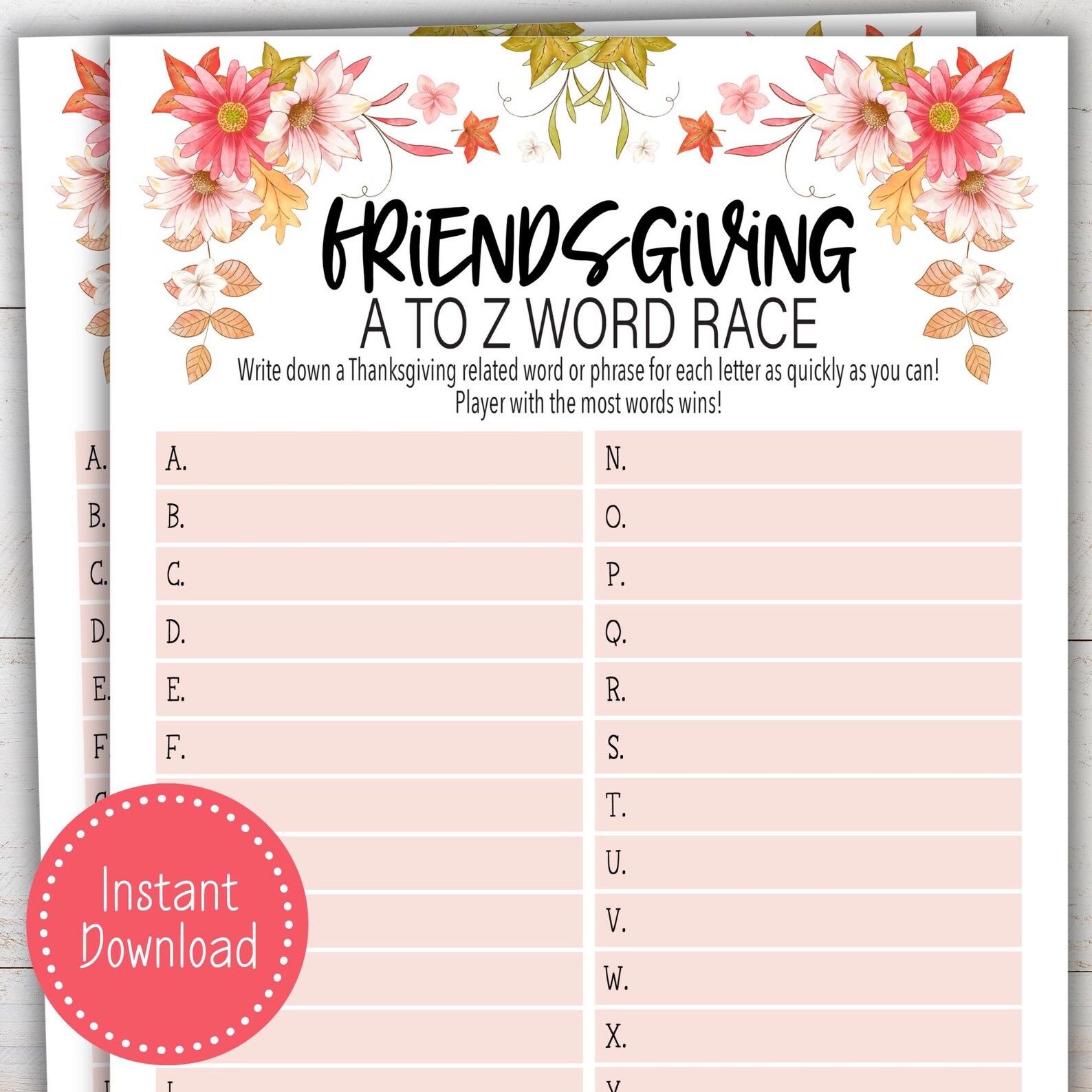 Friendsgiving Printable Word Race Game | Friendsgiving Game Night ...