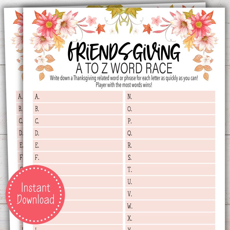 Friendsgiving Printable Word Race Game | Friendsgiving Game Night ...
