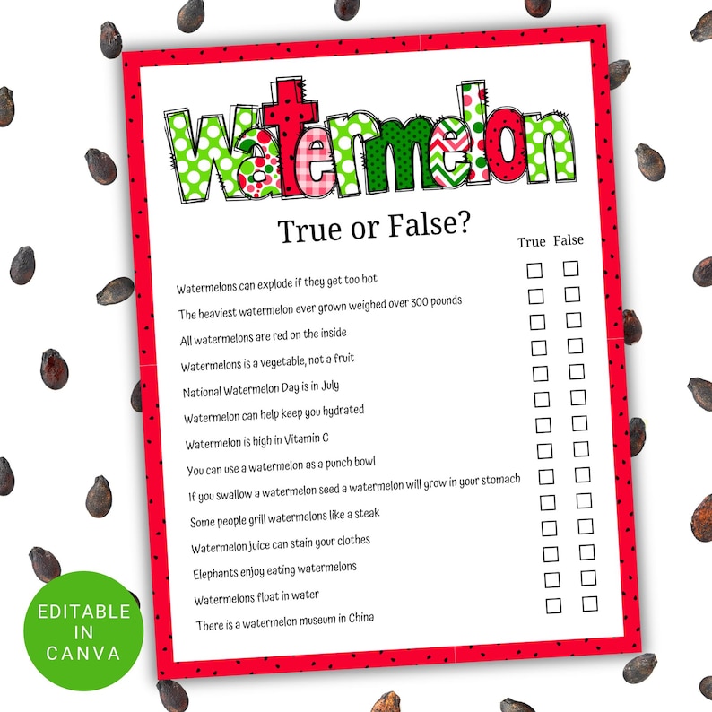 Editable Watermelon Trivia Game | Printable True or False Questions ...