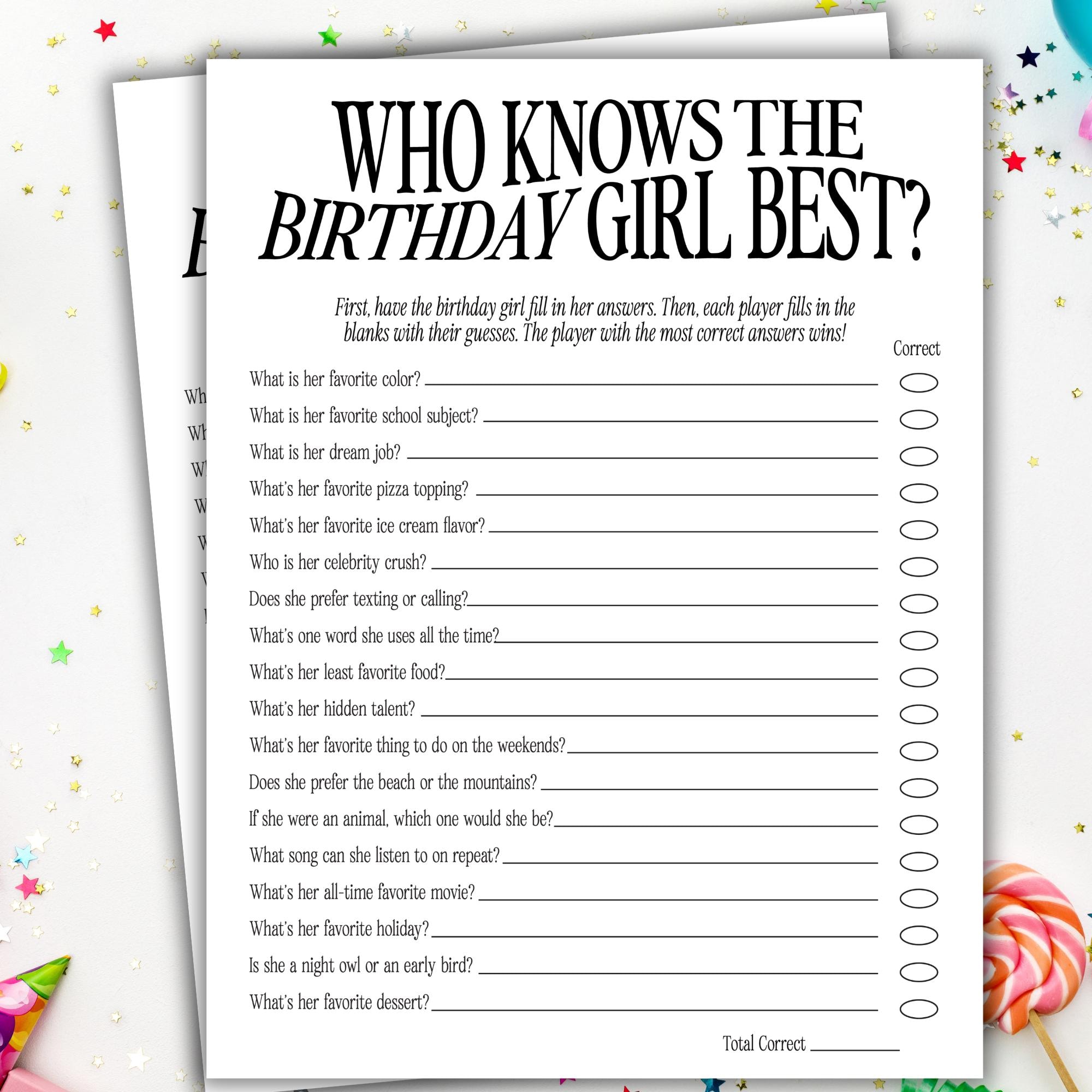 Teen or Tween Birthday Girl Printable Game | How Well Do You Know the ...