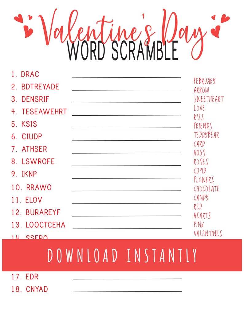 Valentines Day Word Scramble | Valentines Printable Games | Printable ...
