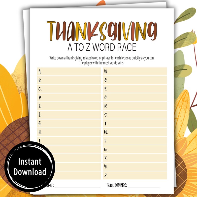 Thanksgiving Printable Word Race Game | Thanksgiving Gathering Game ...