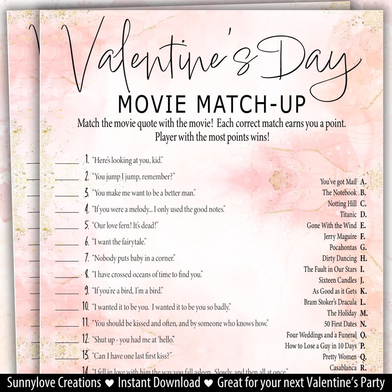 Valentines Party Movie Match up Game | Pink Valentines Day Printable ...