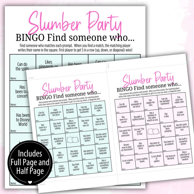 Fun Printable Editable Slumber Party Find Someone Who Bingo | Girl Teen ...