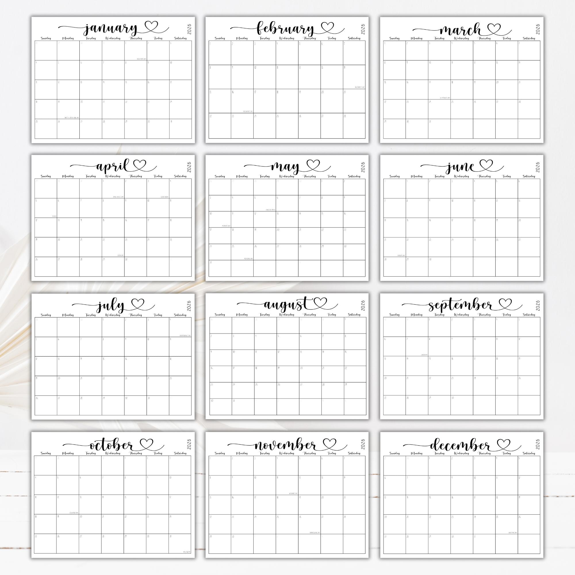 2026 Editable Calendar PDF | Fillable Monthly Planner Pages | Landscape ...