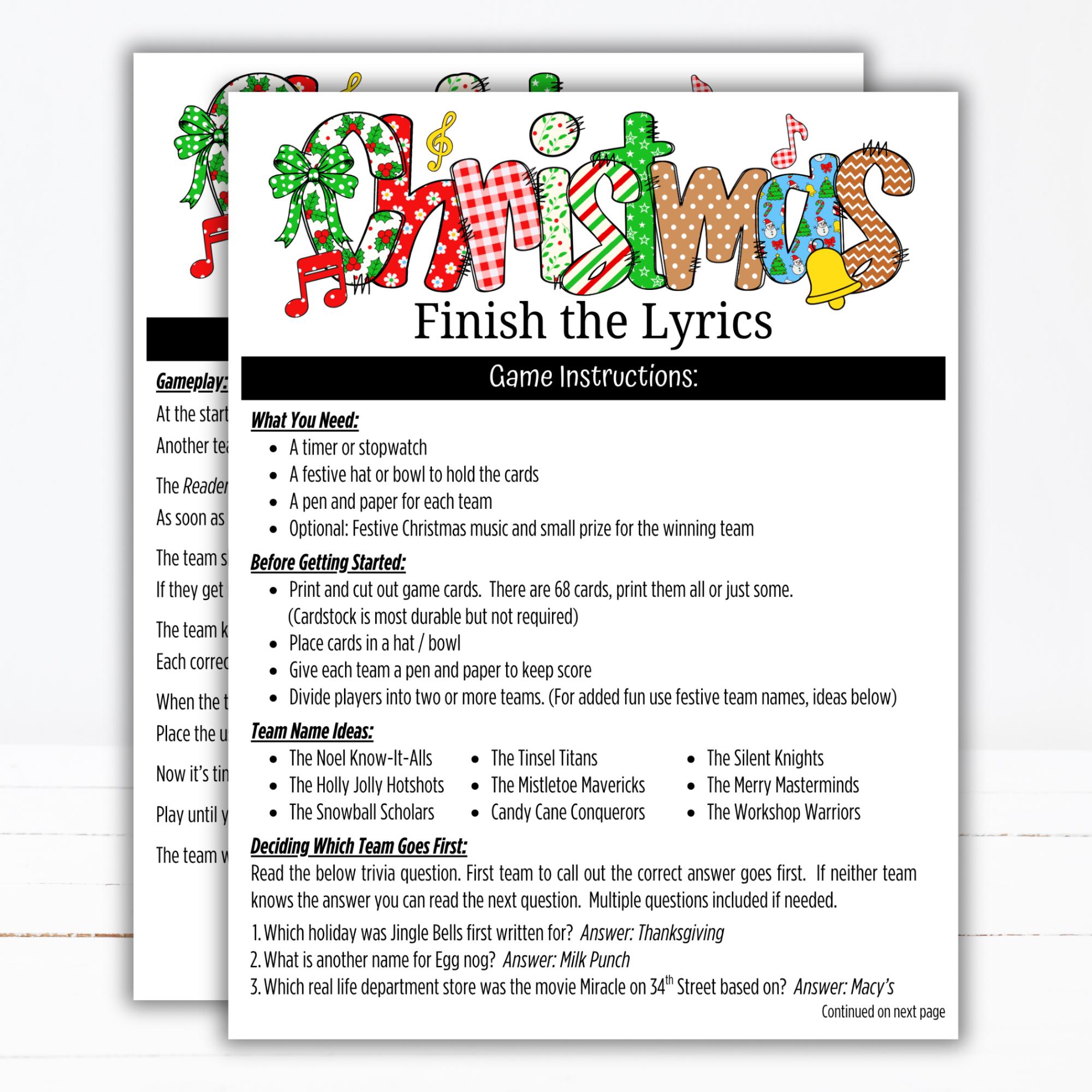 Finish the Christmas Carol Lyric Game | Fun Printable Christmas Party ...