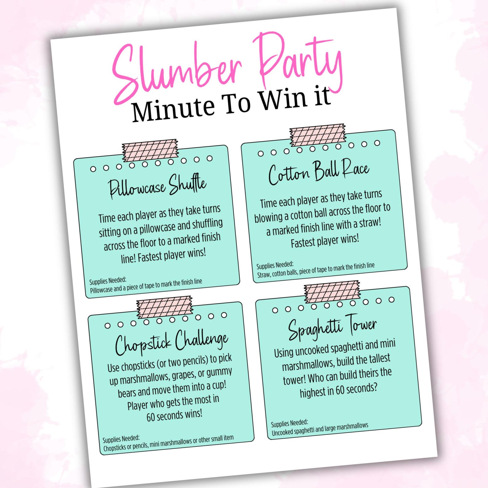 Fun Printable Slumber Party Minute to Win It Games | Girl Teen or Tween ...