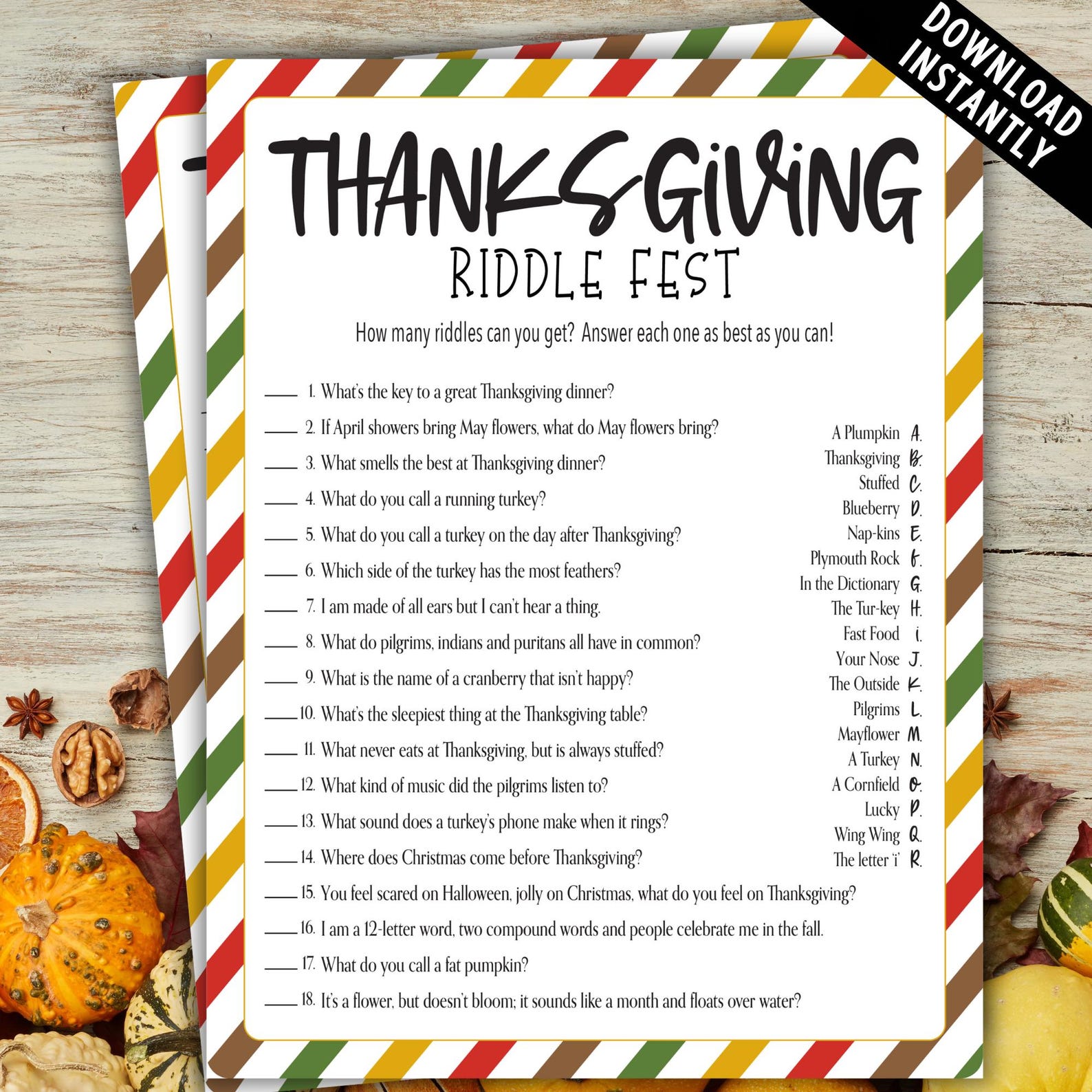Thanksgiving Riddles Printable Game With Border | Thanksgiving ...