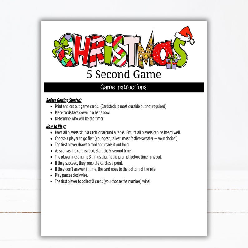 Christmas 5 Second Game | Think Fast Christmas Printable Game for All ...