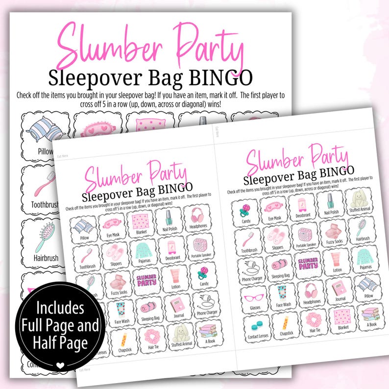 Fun Printable Slumber Party Overnight Bag Bingo Game | Girl Teen or ...