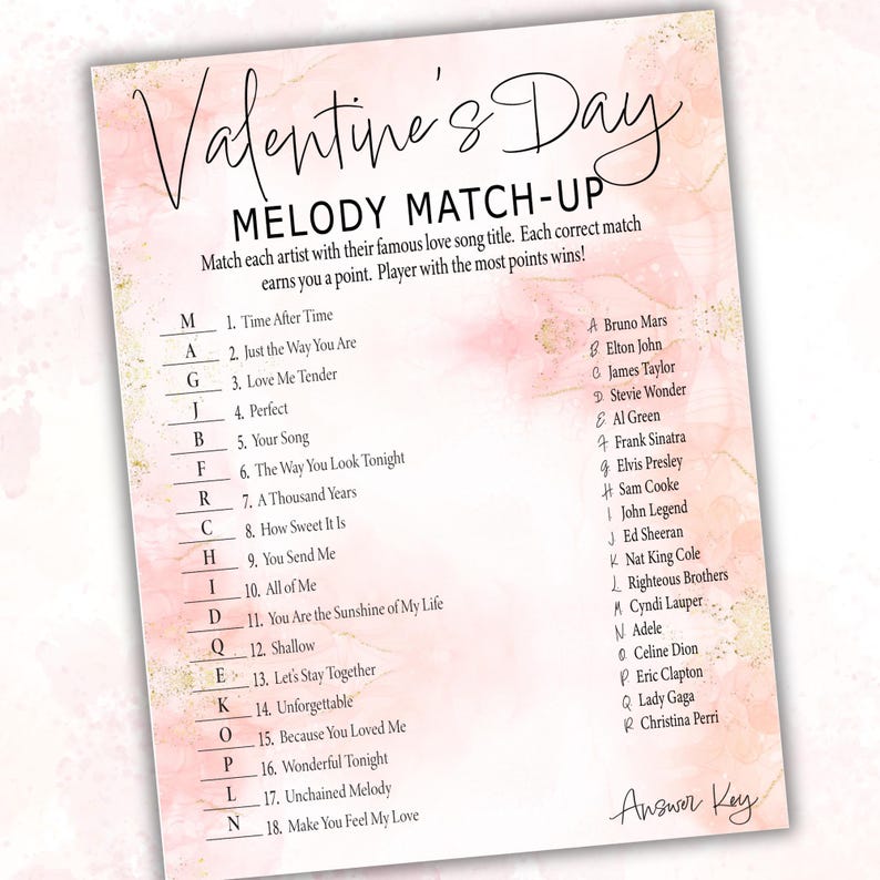 Valentines Printable Match the Love Song With the Artist Game ...