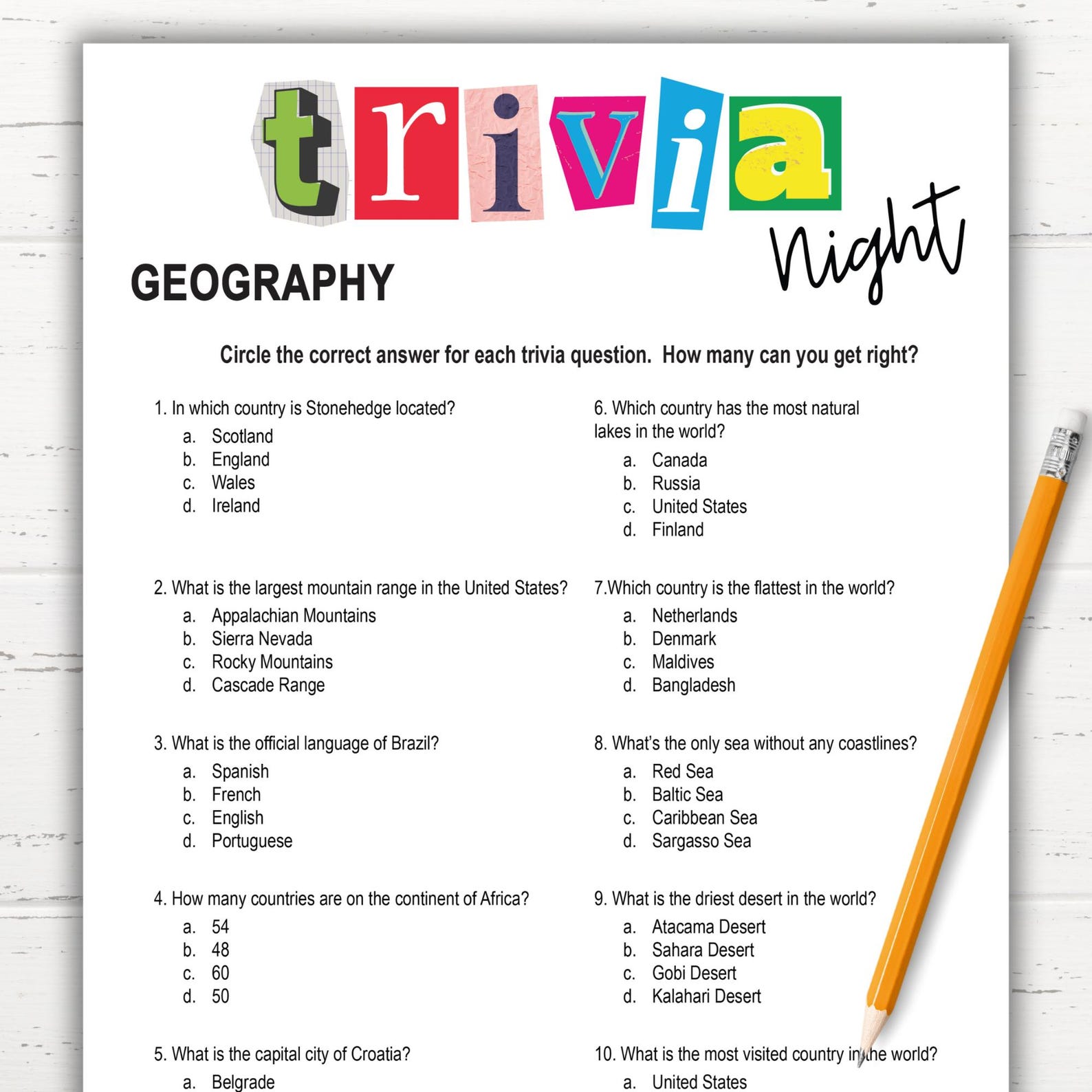 Printable Geography Trivia Game | Pub Trivia Game Night | Team Building ...