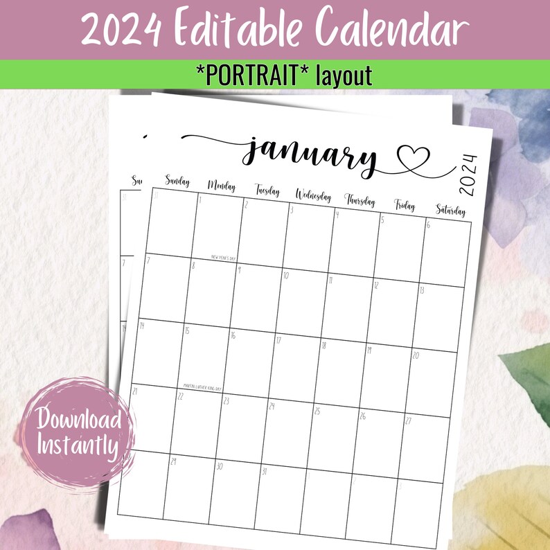 2024 Portrait Printable Calendar Template Family Organizer Monthly ...