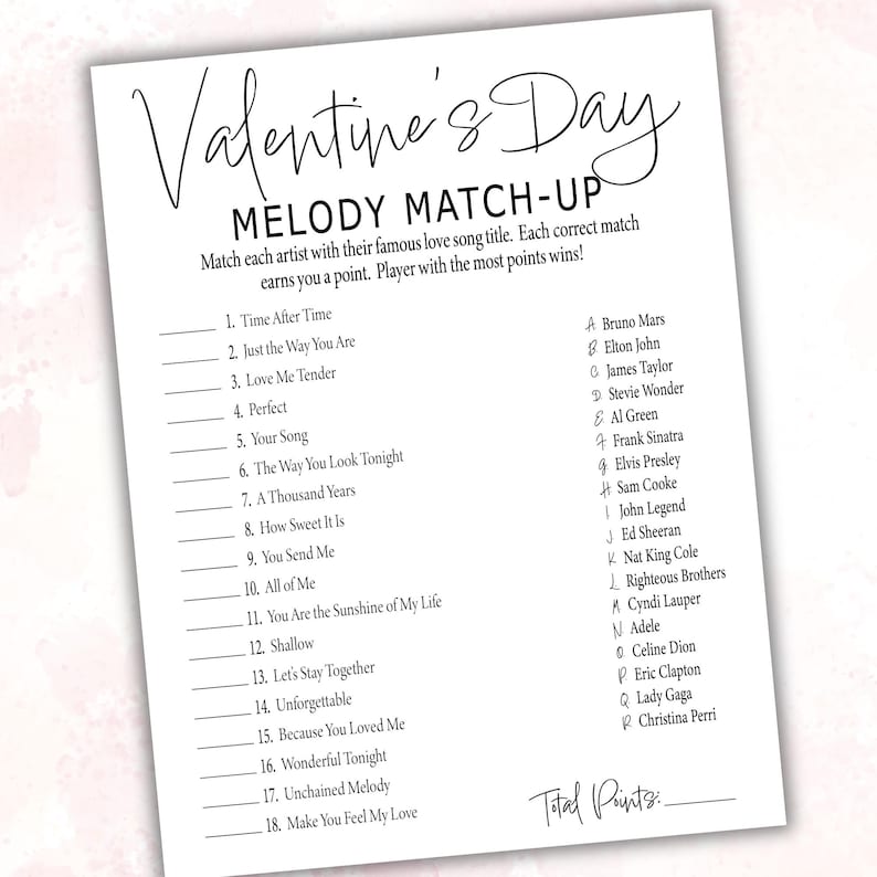 Valentines Printable Match the Love Song With the Artist Game | Black ...