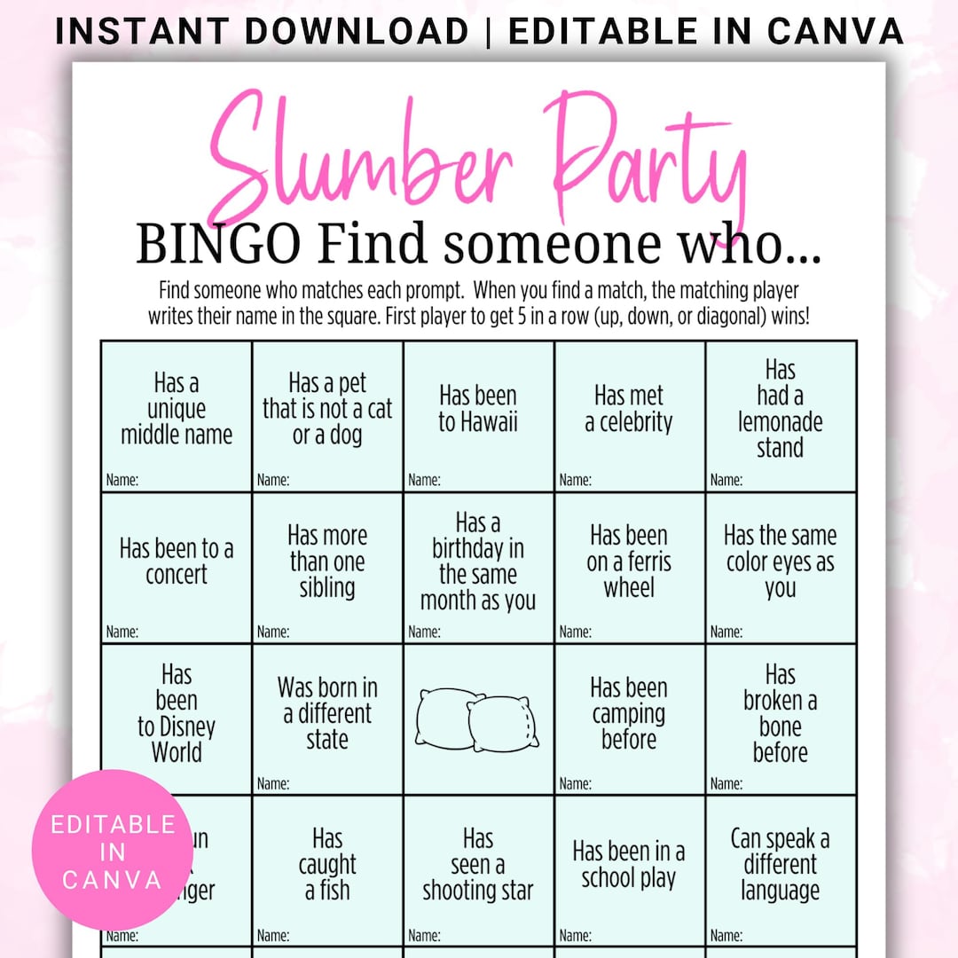 Fun Printable Editable Slumber Party Find Someone Who Bingo | Girl Teen ...
