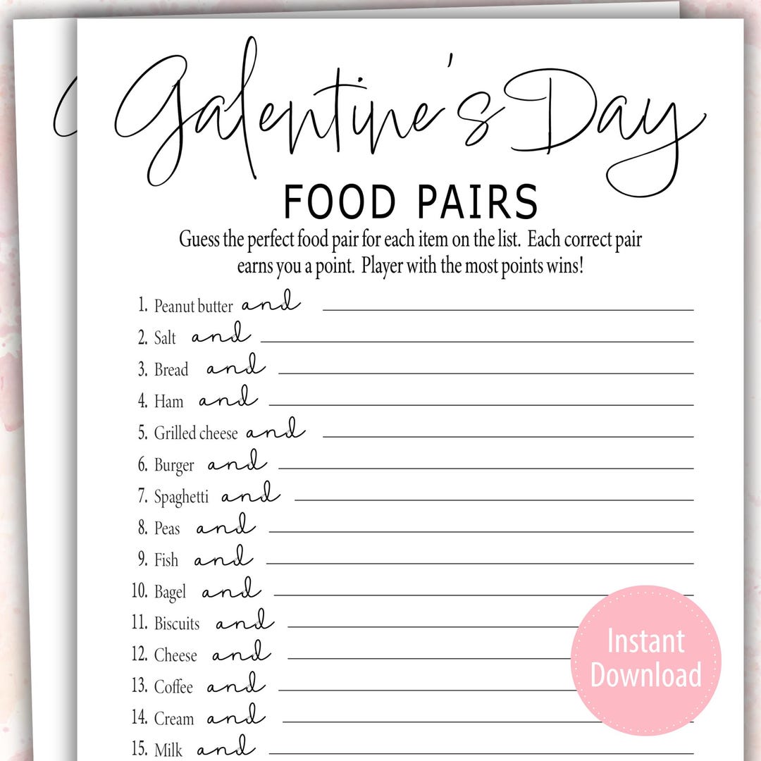 Galentines Party Food Pairs Game | Black and White Galentines Day Food ...