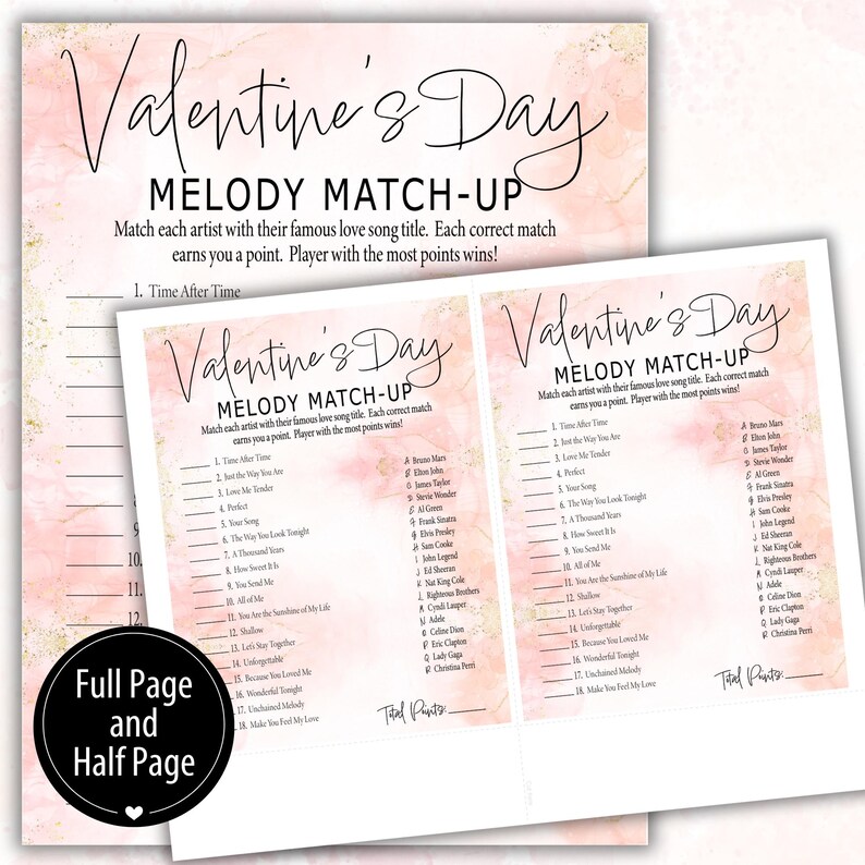 Valentines Printable Match the Love Song With the Artist Game ...