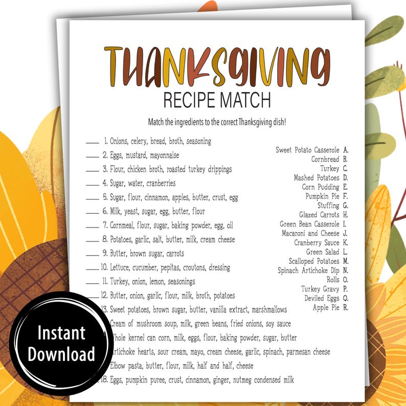 Thanksgiving Recipe Match Game | Thanksgiving Dish Ingredients Game ...