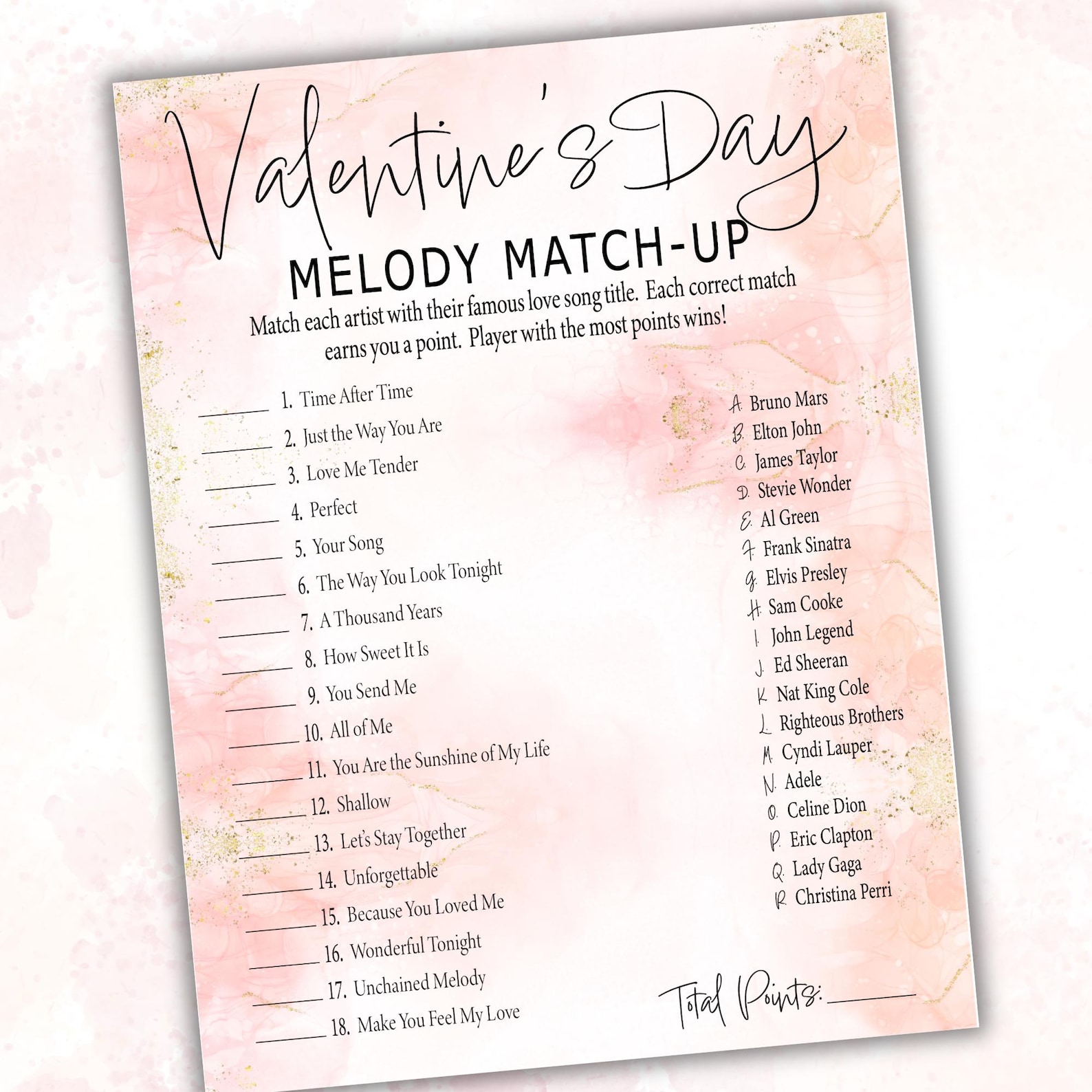 Valentines Printable Match the Love Song With the Artist Game ...