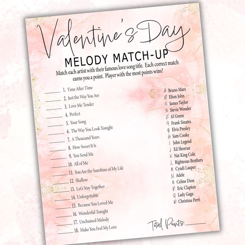 Valentines Printable Match the Love Song With the Artist Game ...