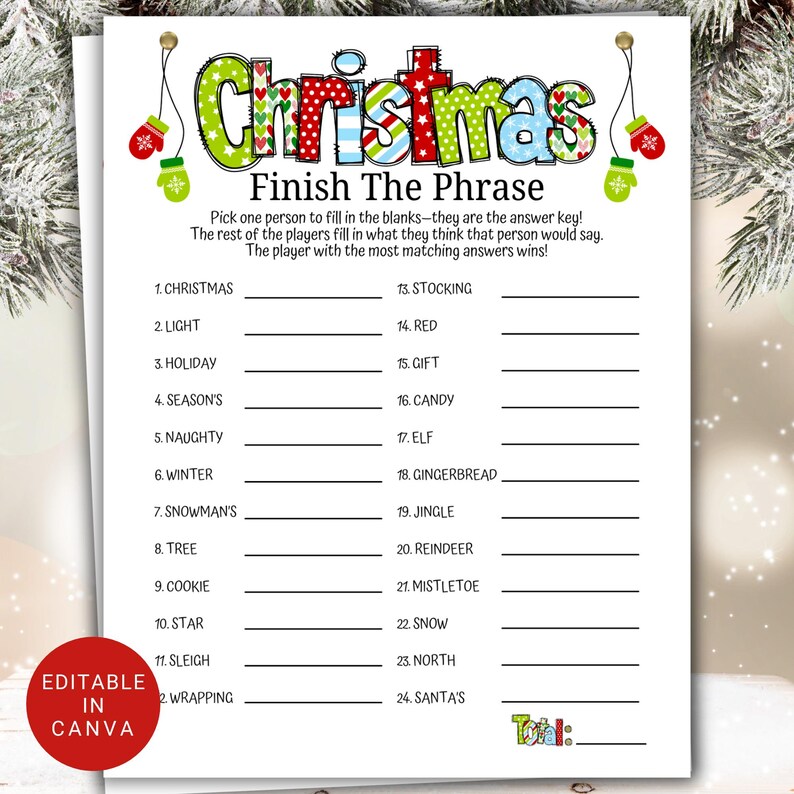 Finish the Phrase Christmas Game Printable | Editable Holiday Party ...