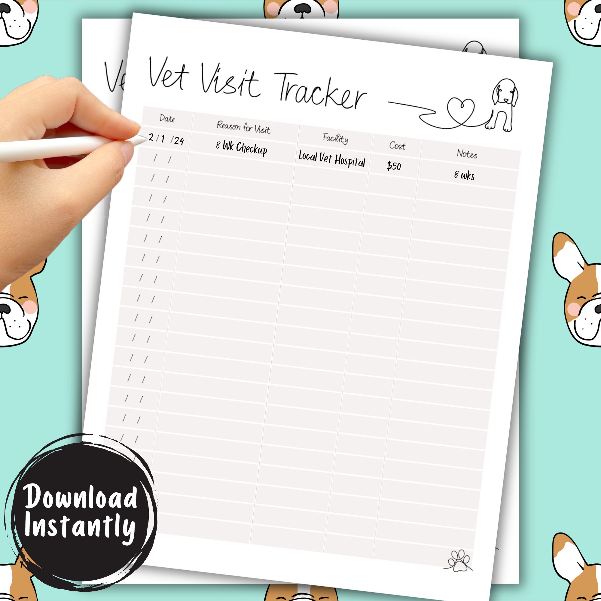 Vet Visit Tracker | Printable Puppy Vet Visit Log | Puppy Printable ...