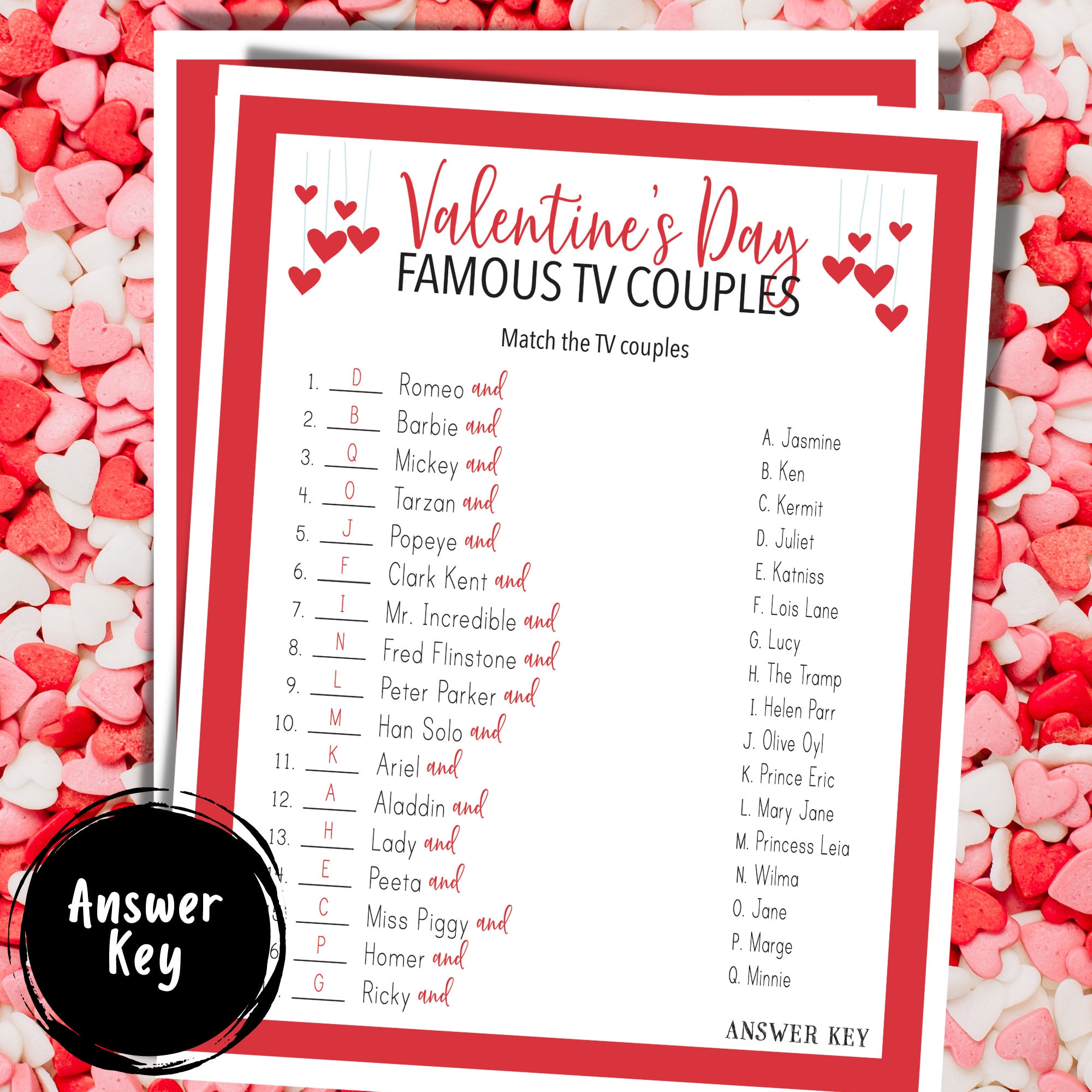 Valentines Famous TV Couples Matching Game | Valentines Party Games ...