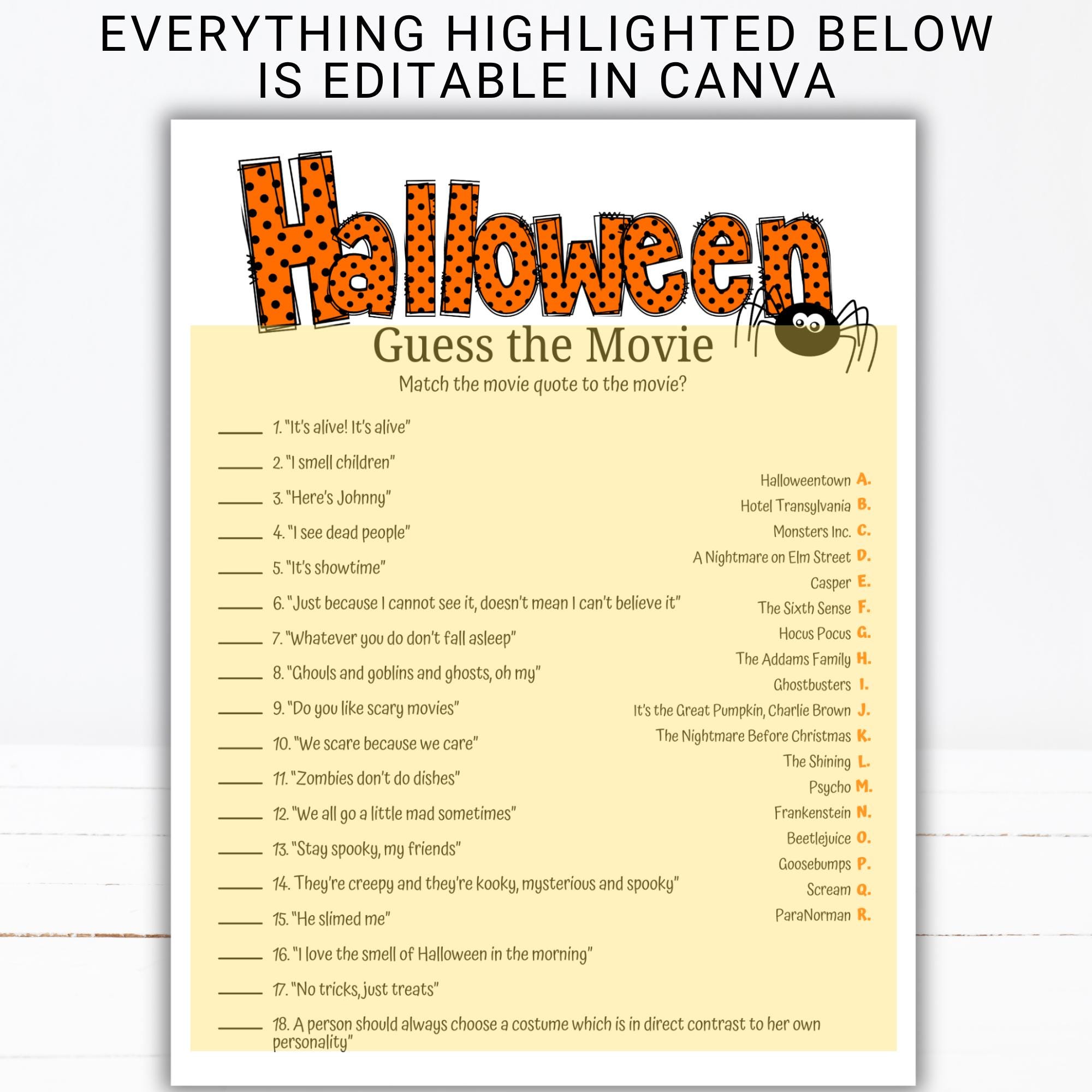 Halloween Guess the Movie Game | Printable and Editable Halloween Party ...