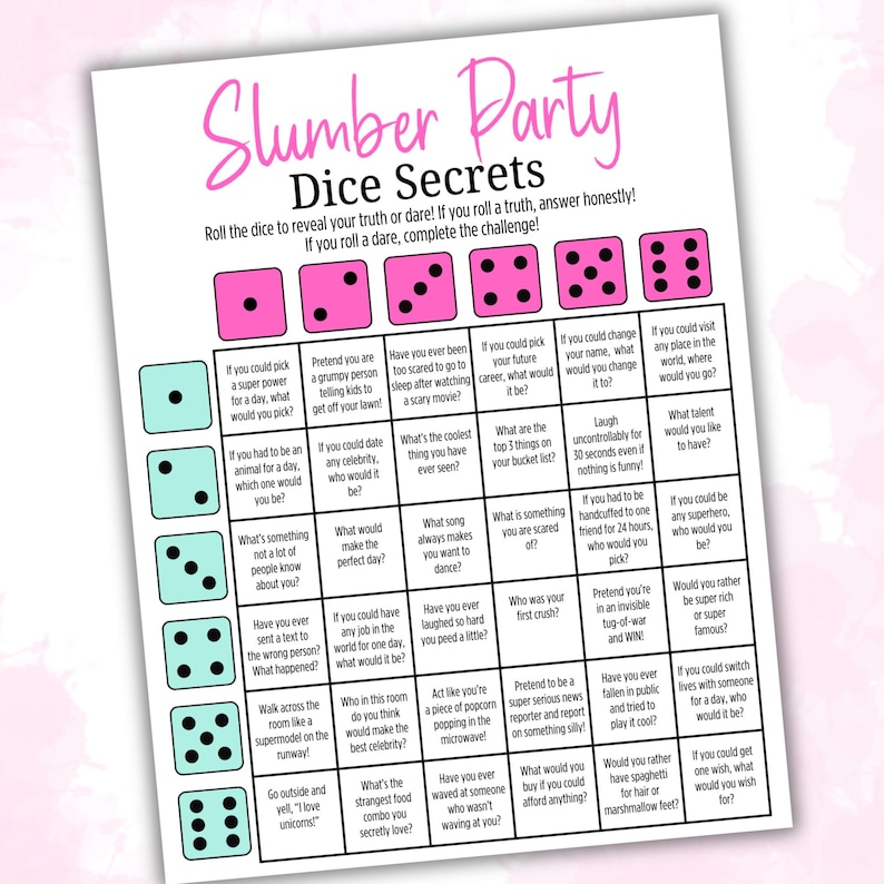 Fun Printable Editable Slumber Party Dice Truth or Dare | Girl Teen or ...