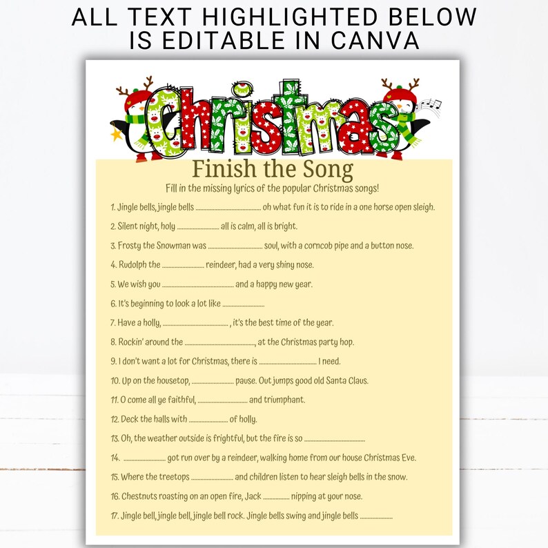 Christmas Finish the Song Printable Game | Editable Finish the Lyric ...