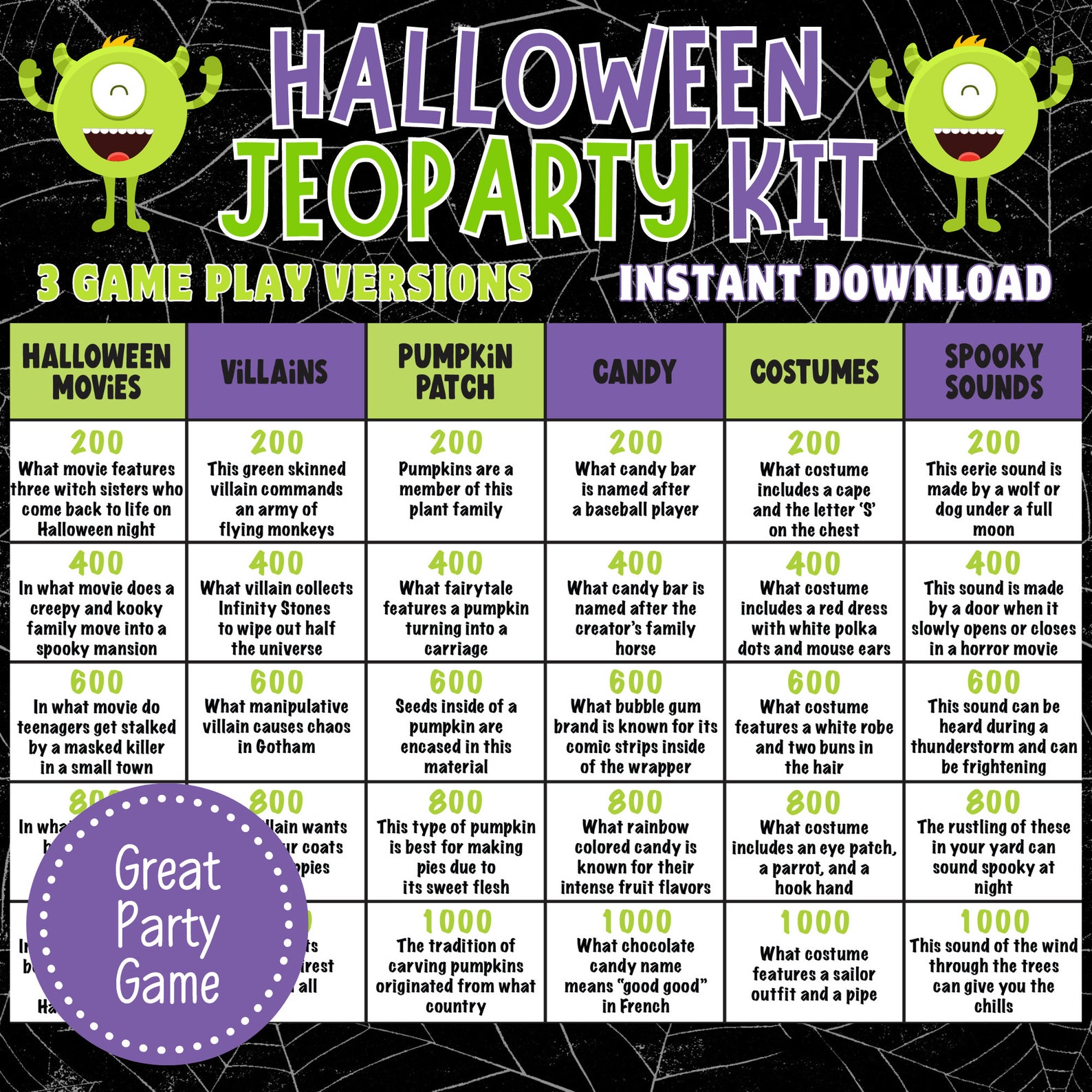 Halloween Jeoparty Game | Halloween Family Game | Printable Halloween ...