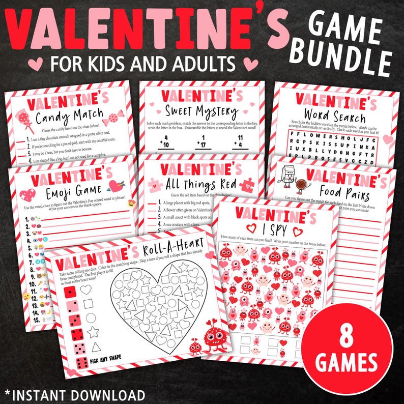 Valentine’s Day Game Bundle | Printable Games for Kids & Adults ...
