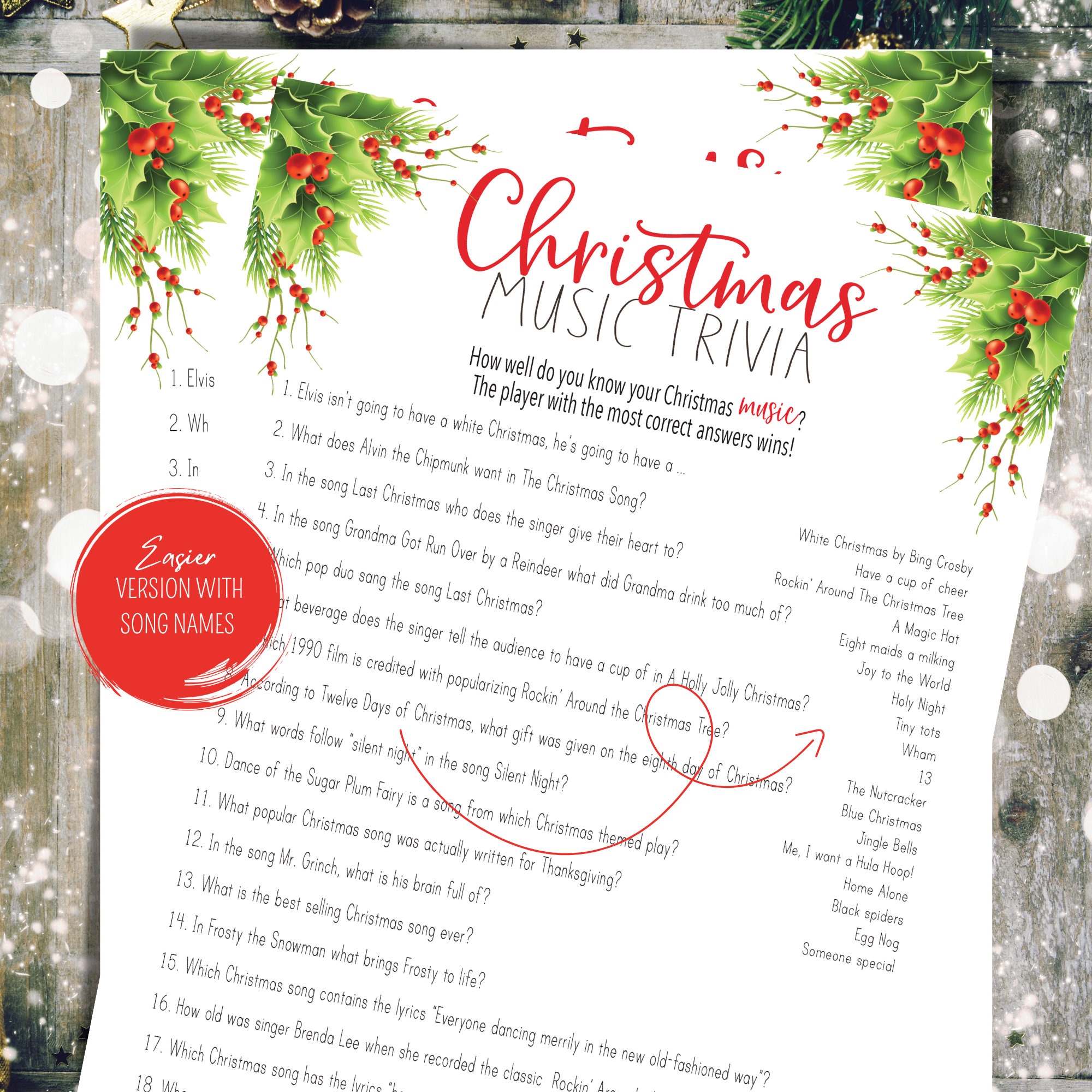 Christmas Printable Games, Christmas Trivia Game, Christmas Song Trivia ...