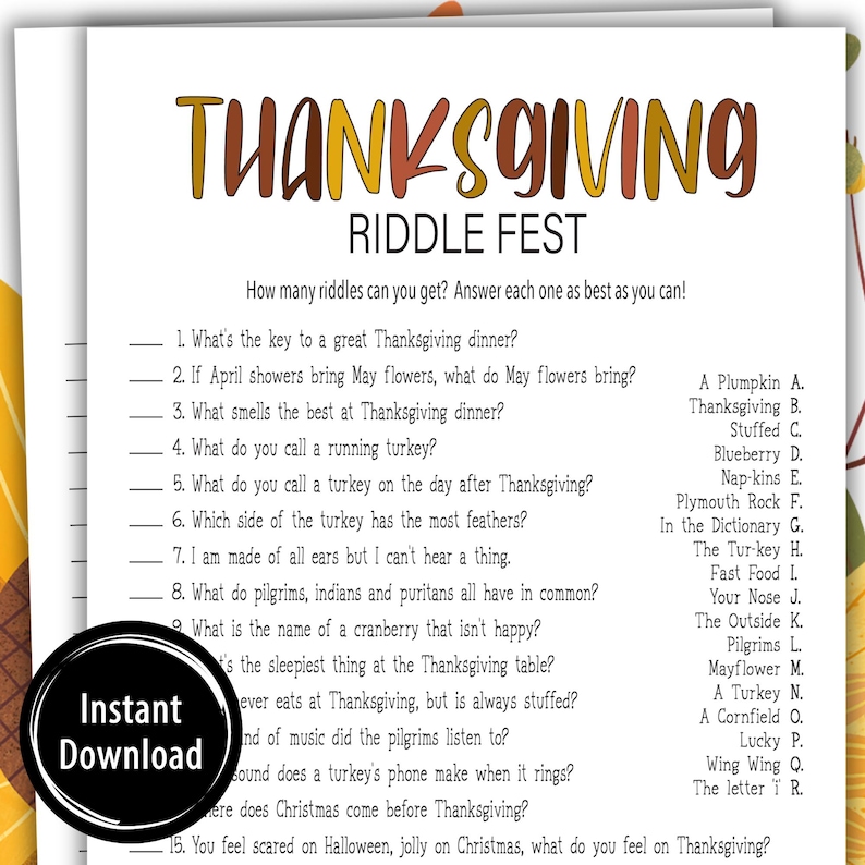 Thanksgiving Riddles Printable Game | Thanksgiving Gathering Game Night ...