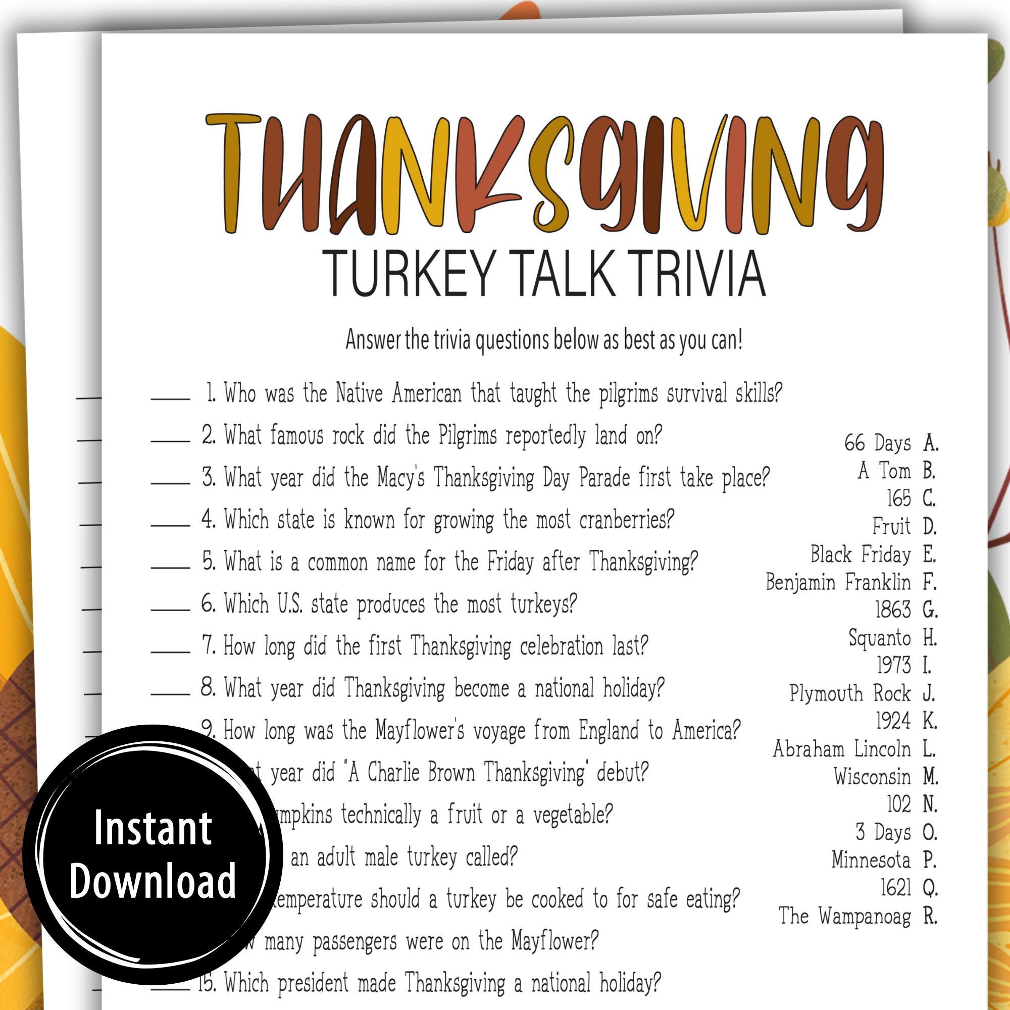 Thanksgiving Printable Trivia Game | Thanksgiving Game Night ...