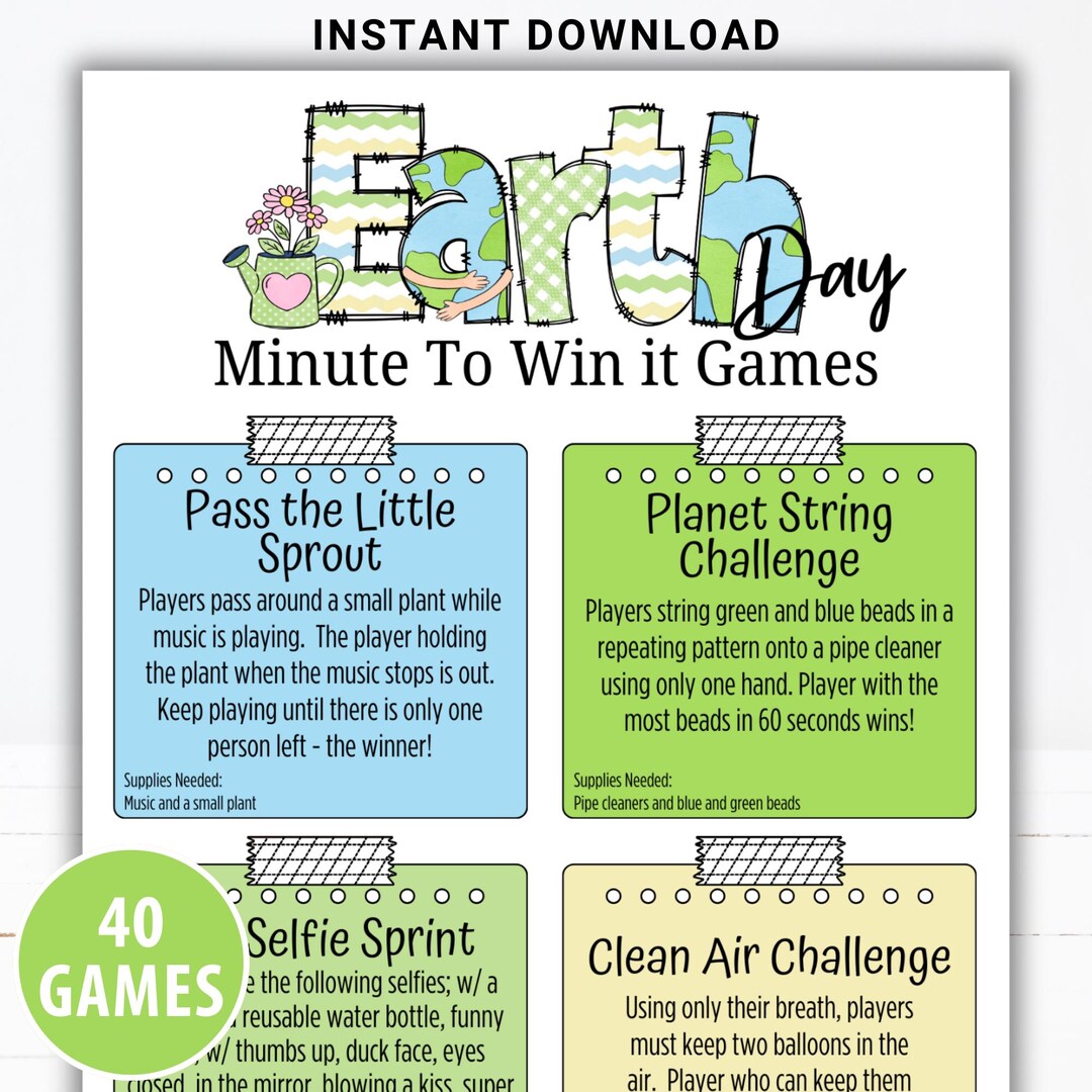 Earth Day Minute to Win It Games Printable | Eco Classroom Games ...
