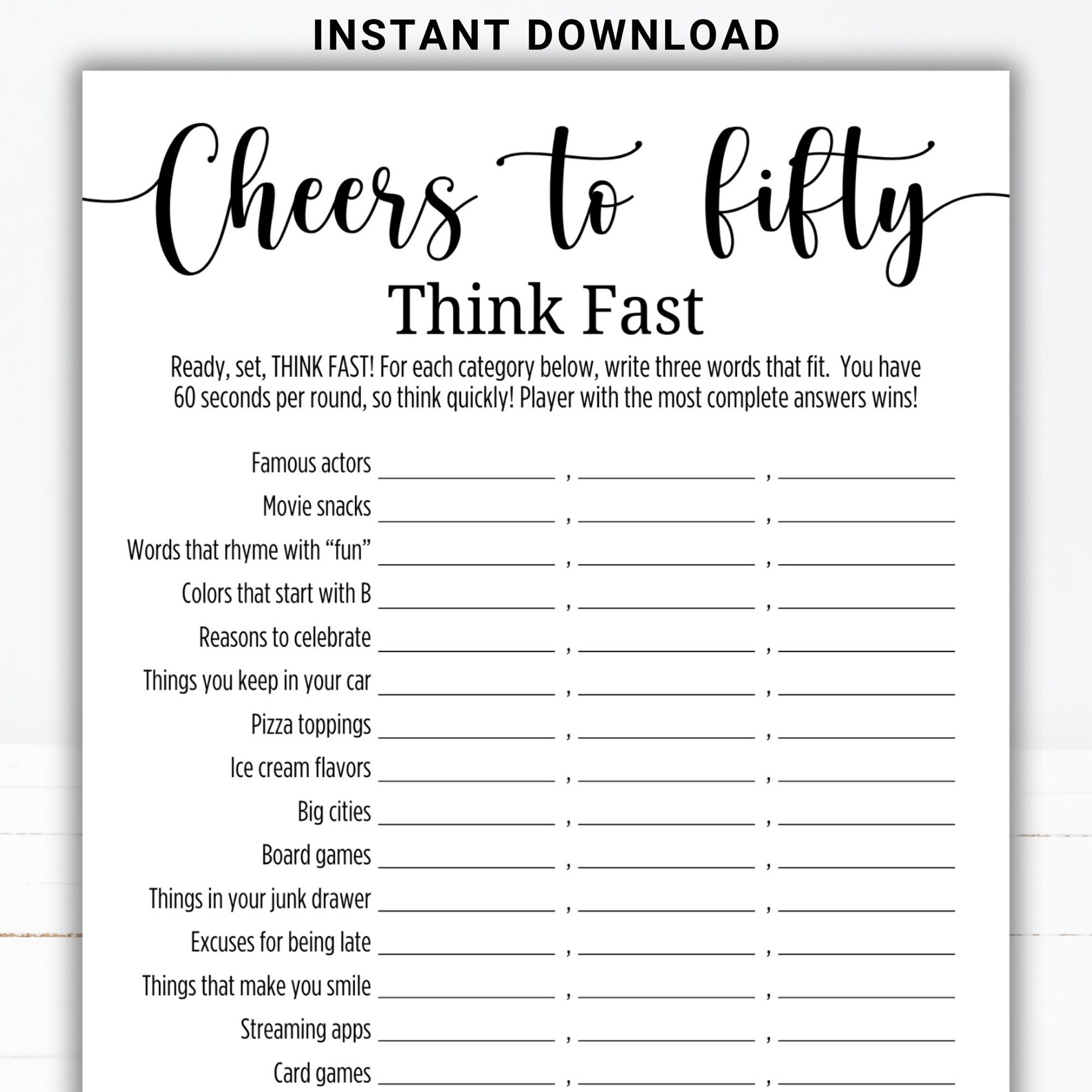 50th Birthday Think Fast Game | 50th Birthday Party Think Fast ...