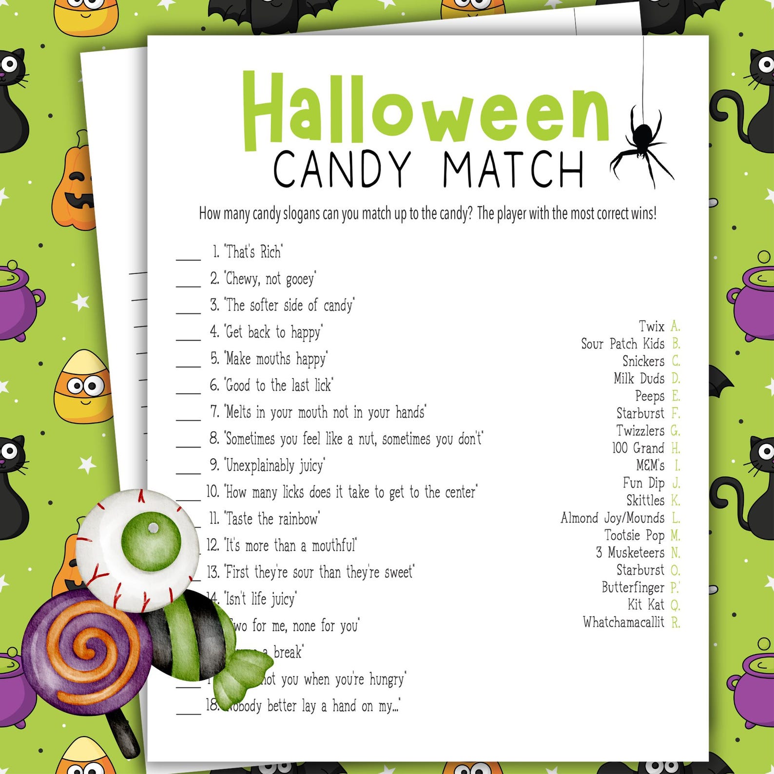Halloween Candy Match Game | PDF Halloween Party Game | Candy Slogans ...