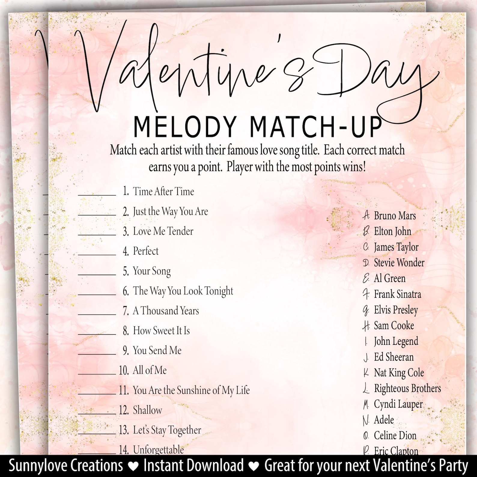 Valentines Printable Match the Love Song With the Artist Game ...