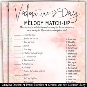 Valentines Printable Match the Love Song With the Artist Game ...