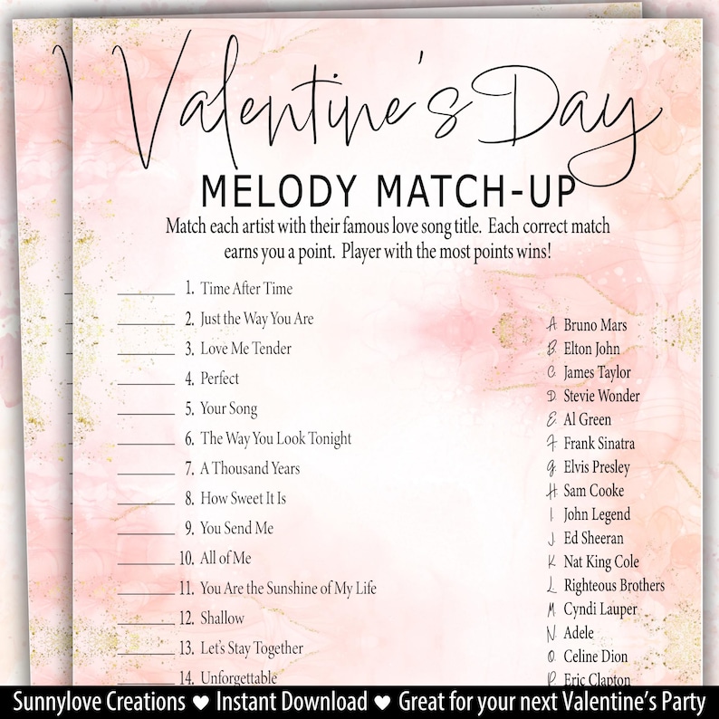 Valentines Printable Match the Love Song With the Artist Game ...