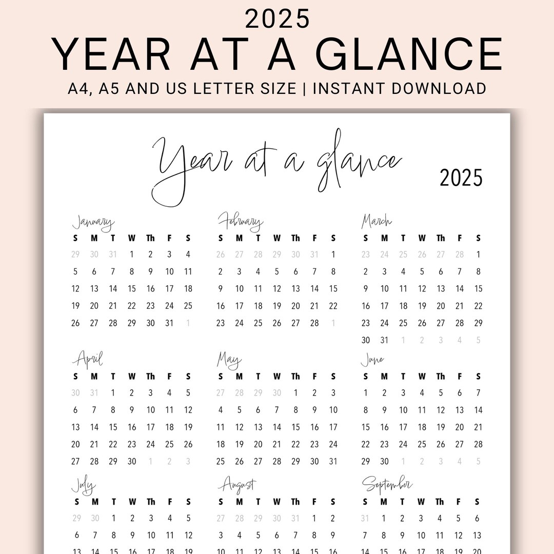 2025 Printable Year at a Glance | 12 Month Yearly Calendar | Year at a ...