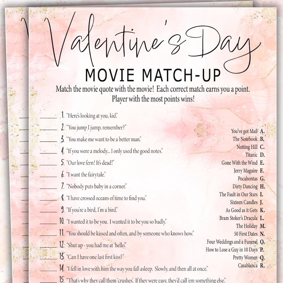 Valentines Party Movie Match up Game | Pink Valentines Day Printable ...