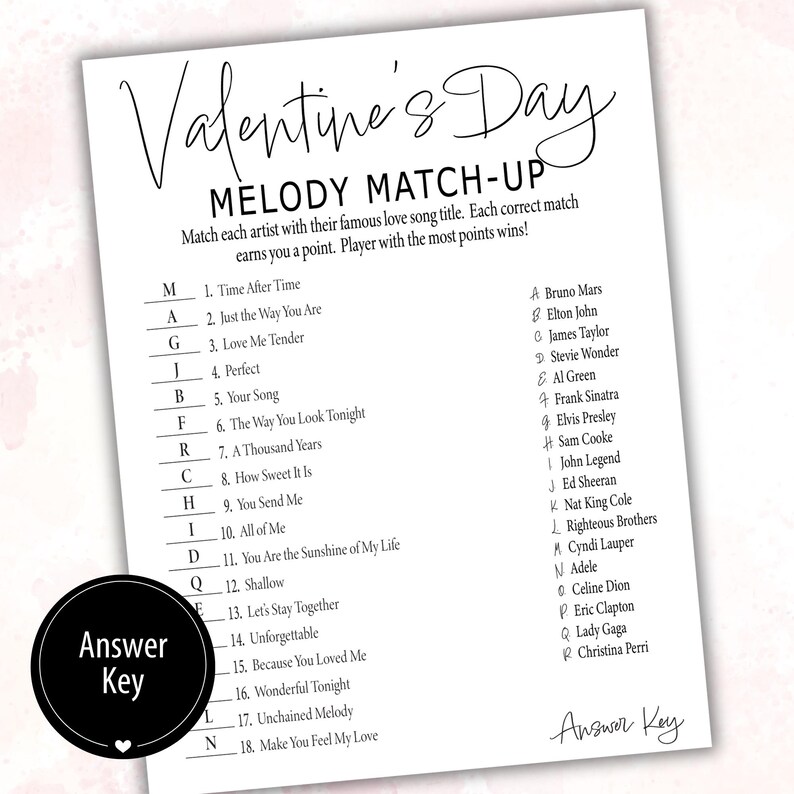 Valentines Printable Match the Love Song With the Artist Game | Black ...
