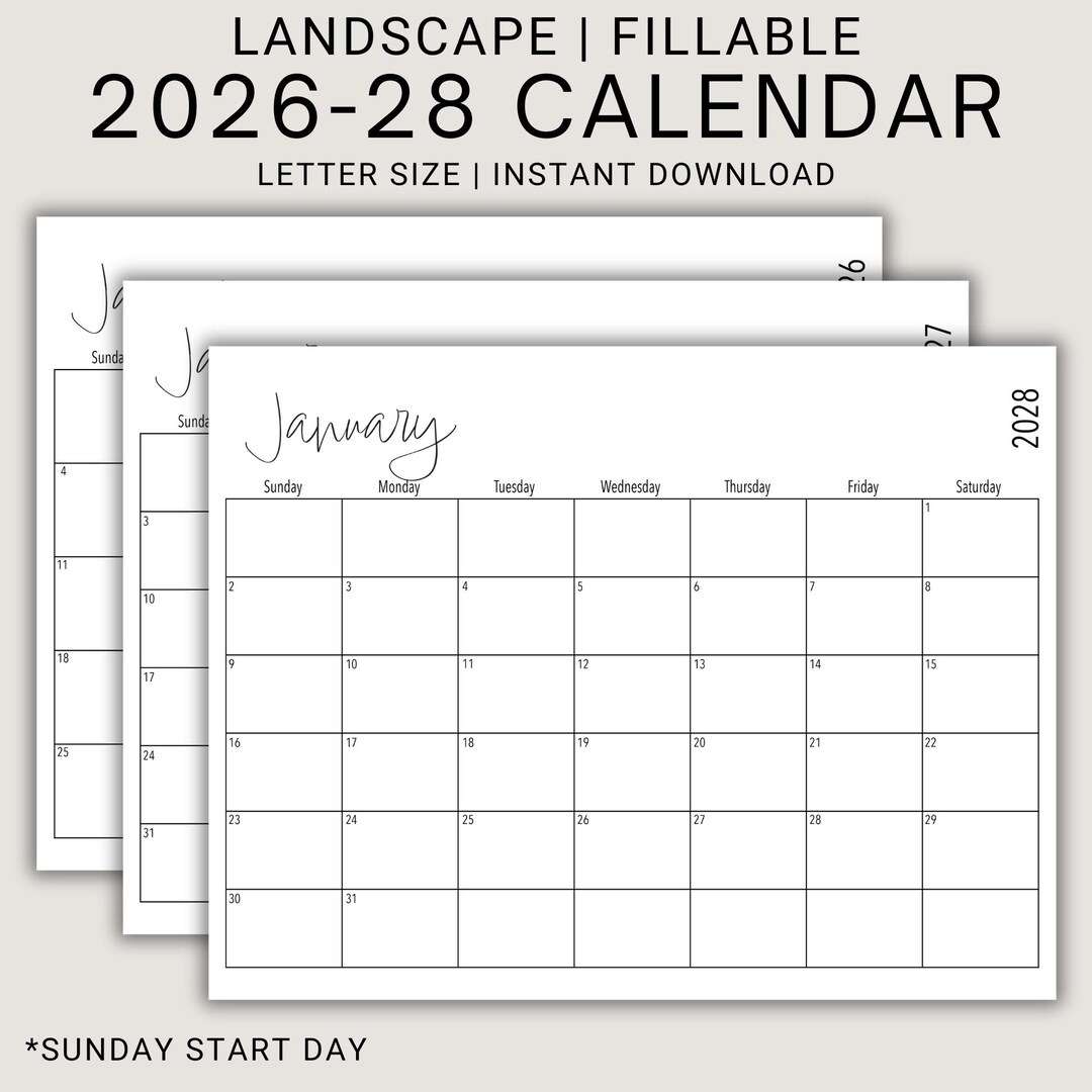 Printable Editable 2026-28 Calendar | Landscape US Letter | Horizontal ...